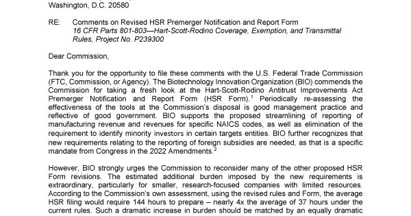 BIO Comments to FTC on Revised HSR Form | BIO