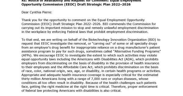 BIO Letter to the EEOC on Special Carve Outs | BIO